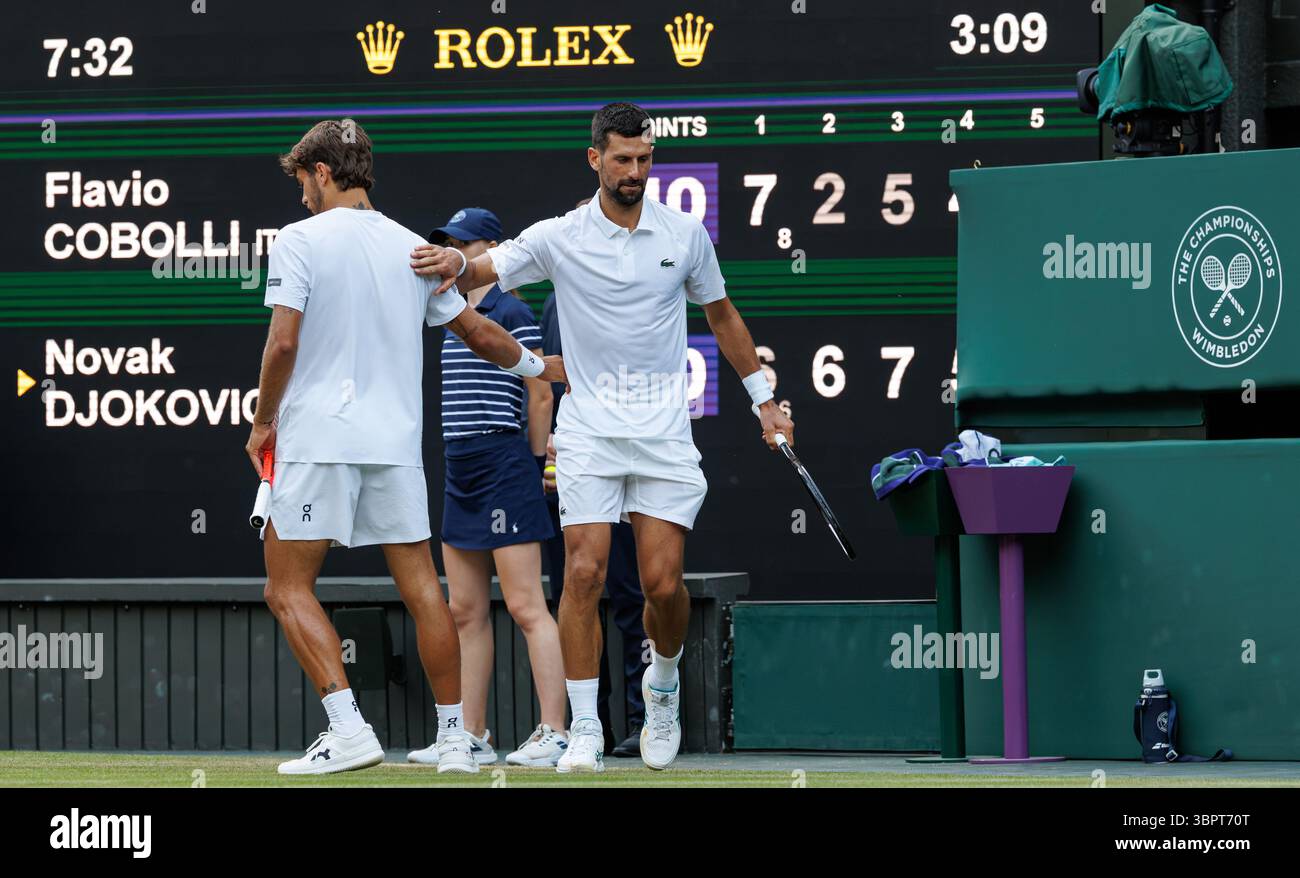 Wimbledon, England. 09 Jul 2025: Flavio Cobolli (ITA) hands Novak ...