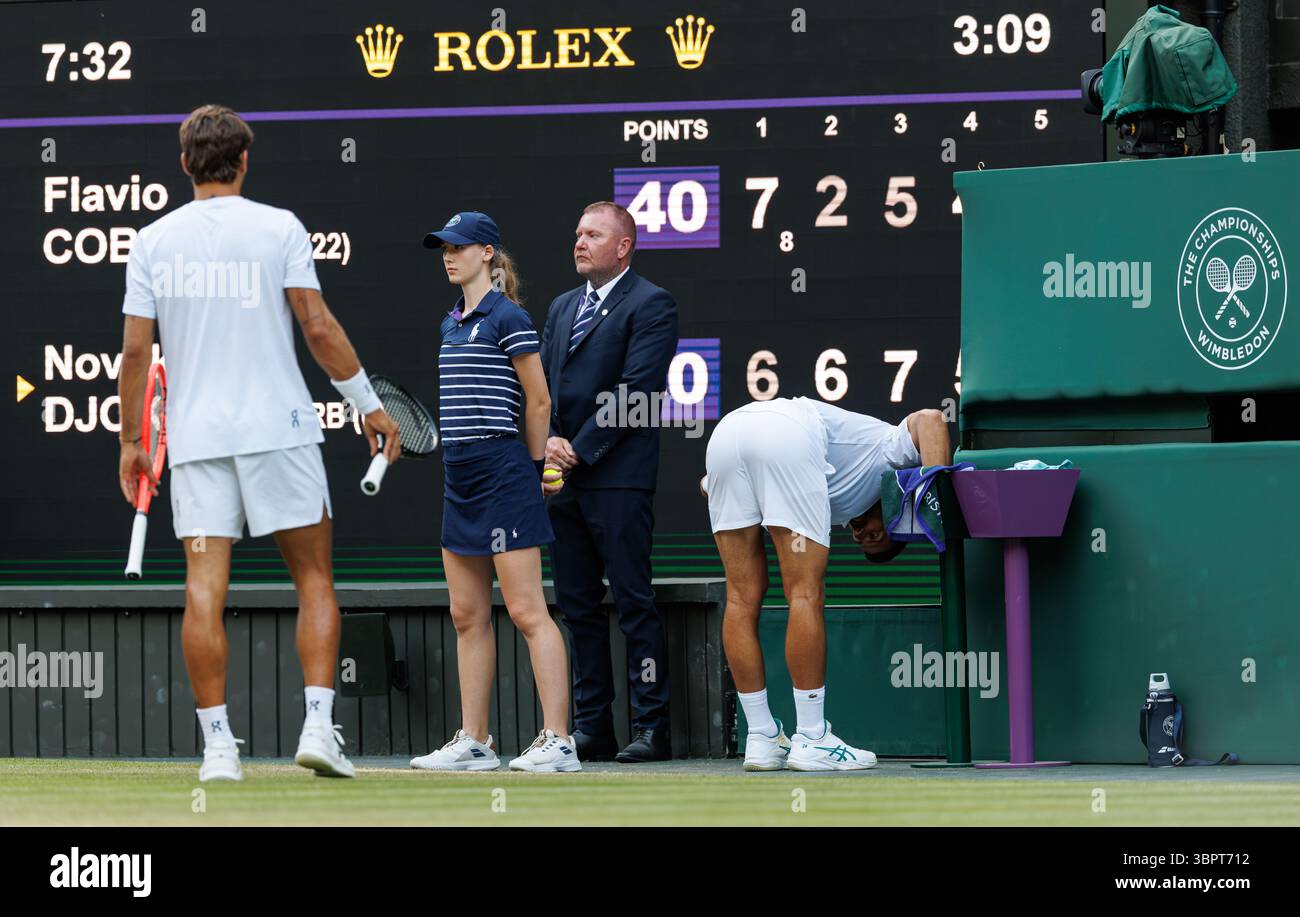 Wimbledon, UK. 09th July, 2025. Flavio Cobolli (ITA) hands Novak ...