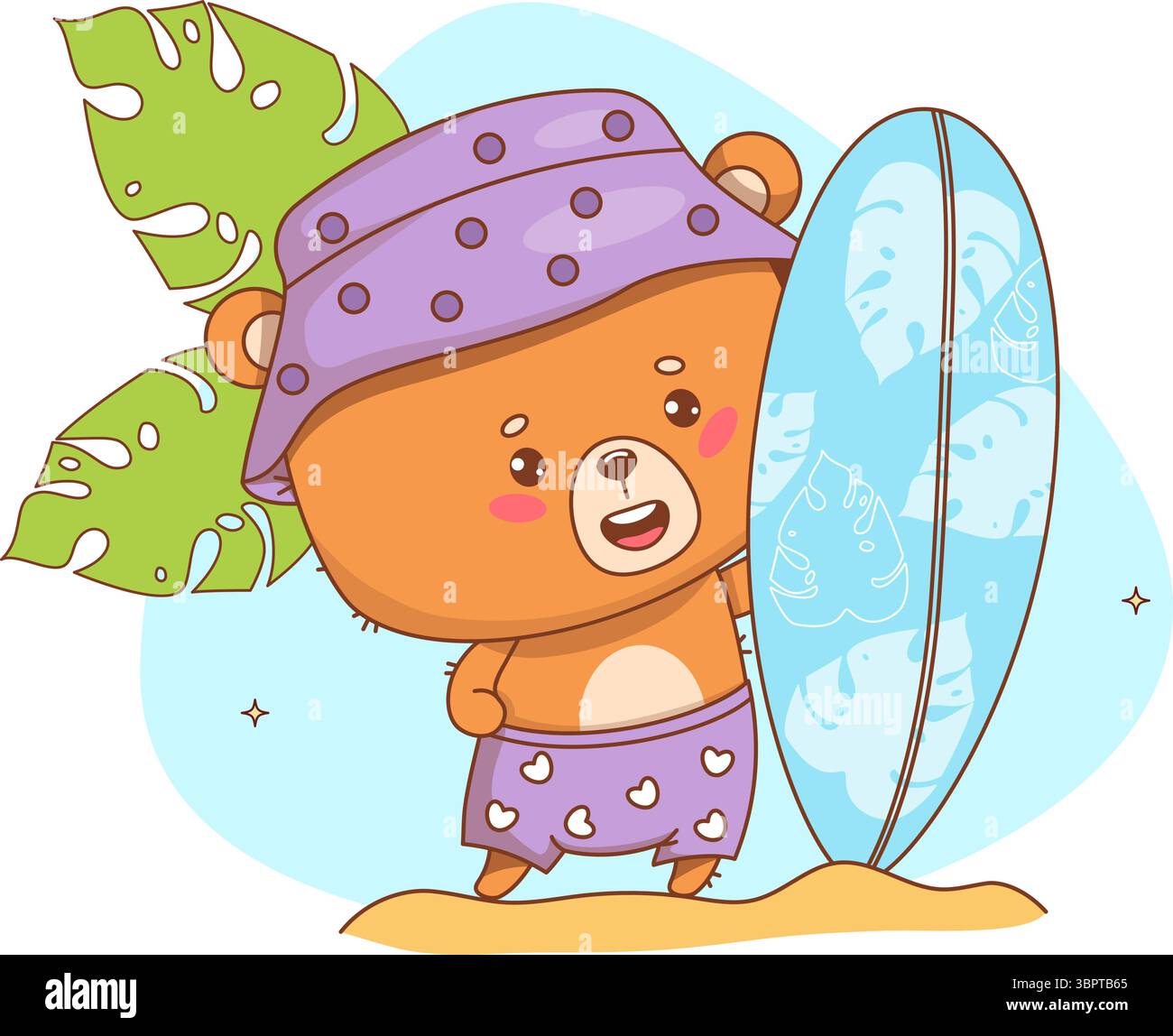 Cute summer cartoon bear surfer with tropical board. Happy Beach funny ...
