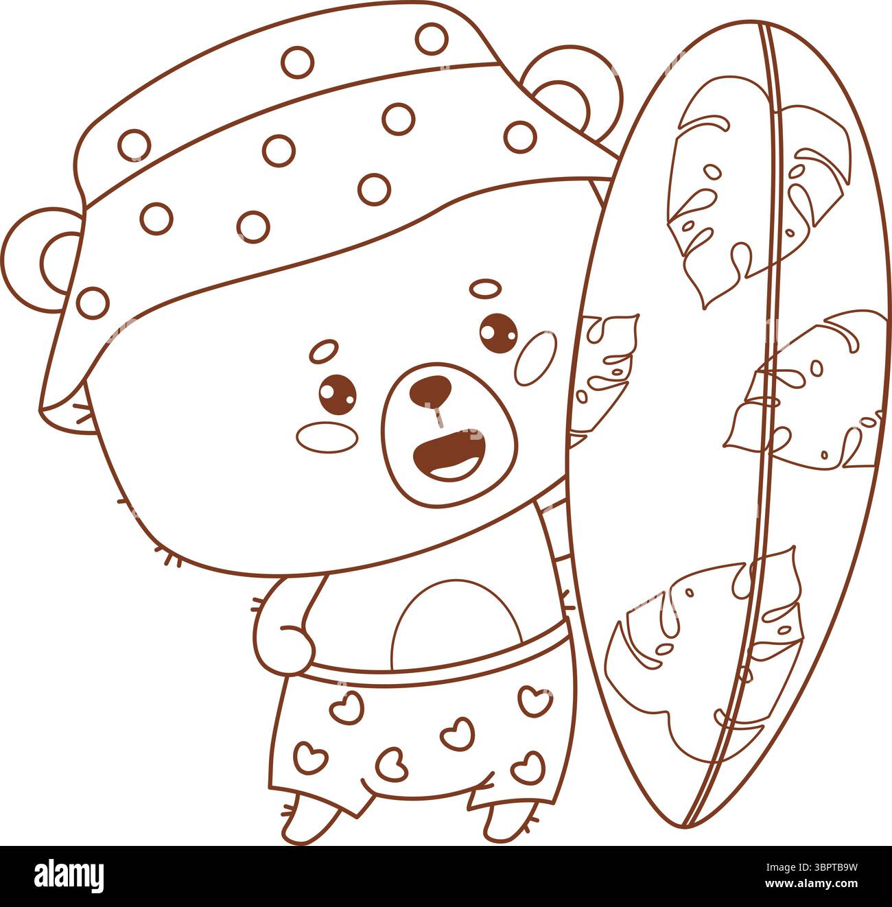 Outline Cute summer cartoon bear surfer with board. Happy Beach funny ...