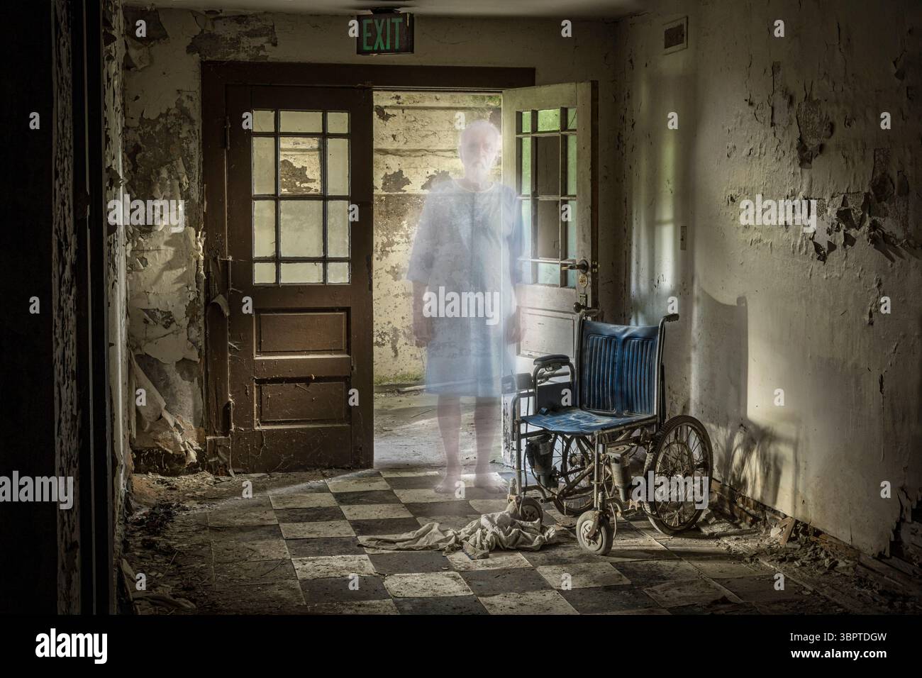 Ghost dressed in hospital gown standing in doorway next to wheelchair ...
