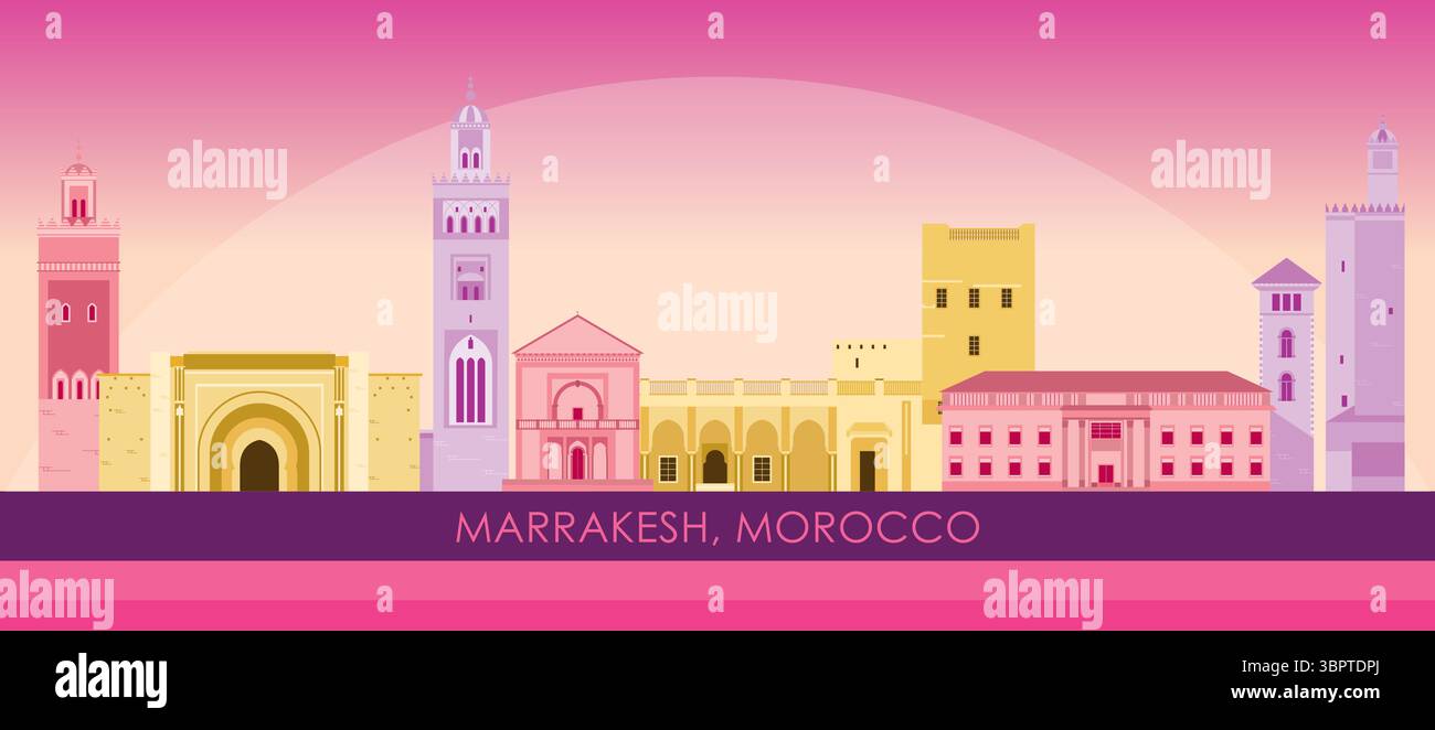 Sunset Skyline panorama of city of Marrakesh, Morocco - vector ...