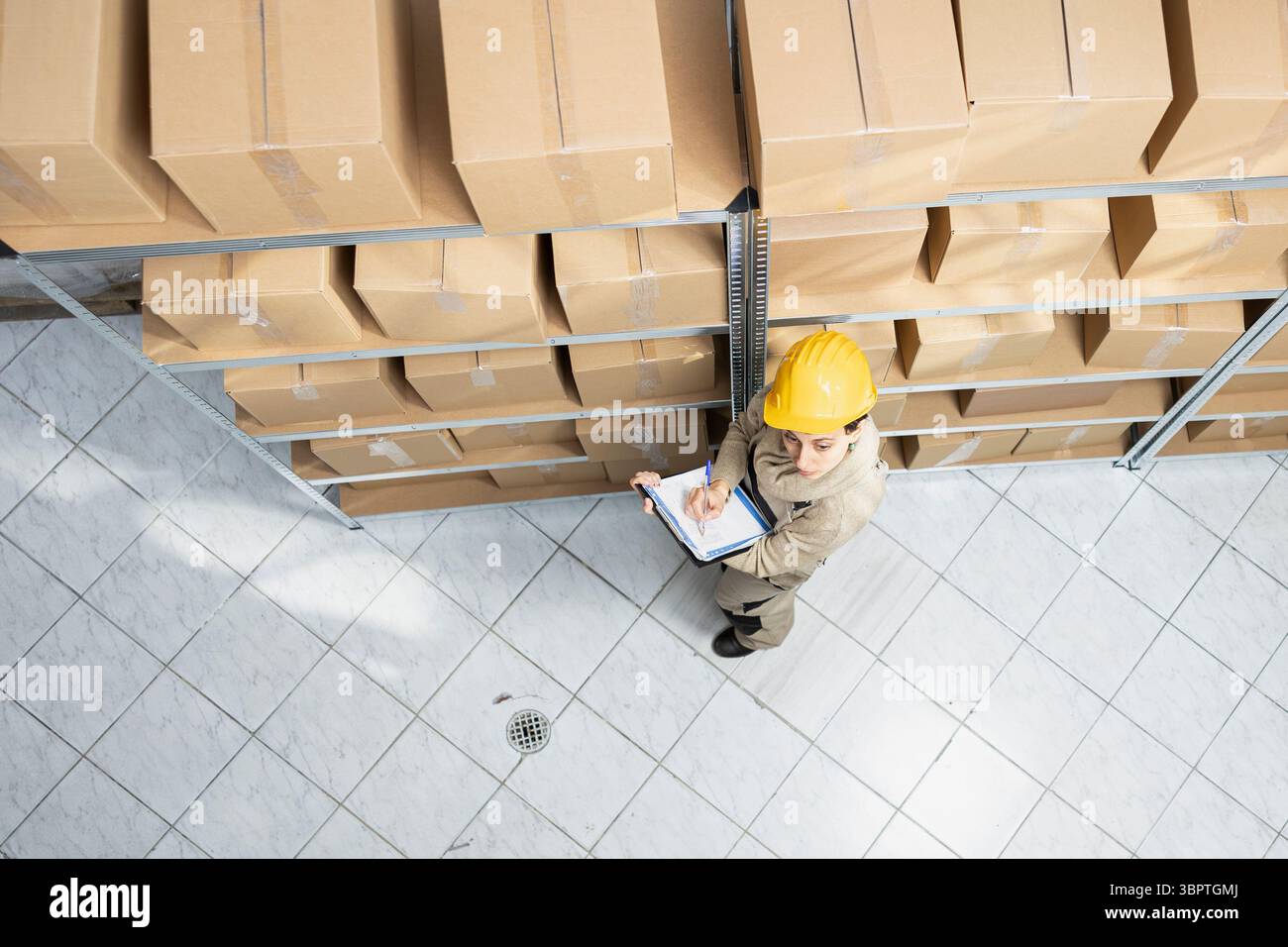 Female employee examining cargo on shelves for efficient distribution, managing the shipment ...
