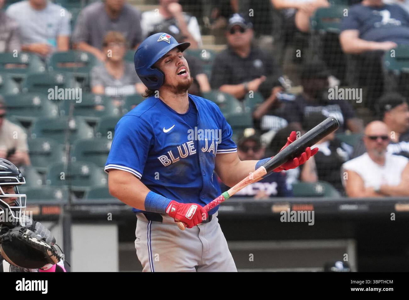 Toronto Blue Jays' Addison Barger reacts after striking out swinging ...