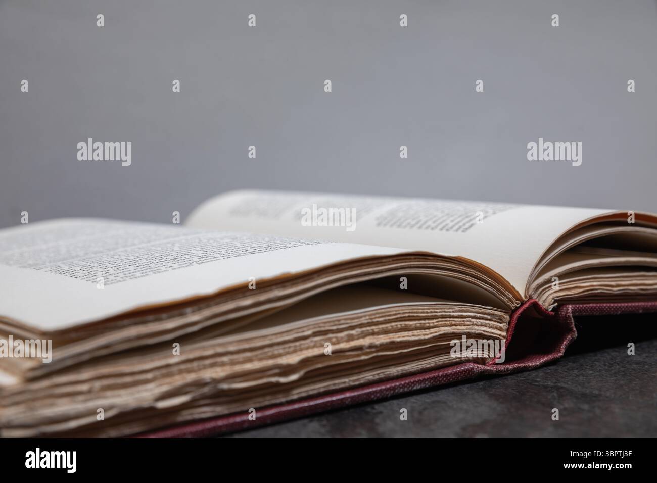 Close angled view of open antique book with deckled page edges in focus ...