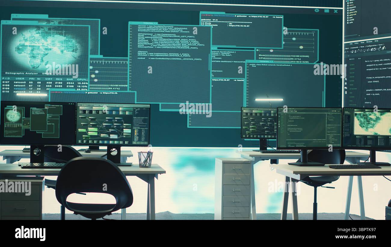 High tech governmental cyber security room without staff at work ...