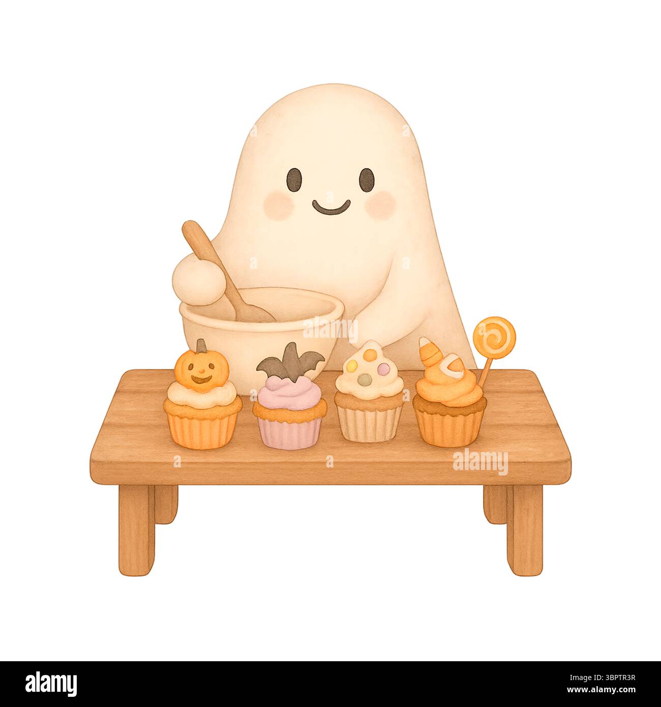 Adorable Ghost Baking Cupcakes – Halloween Pastry Illustration Stock ...
