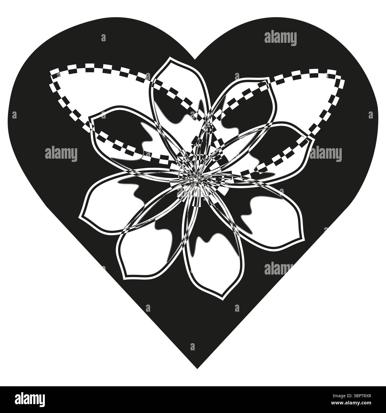 Outlined flower shape. Petal symmetry art. Black heart graphic. Vector ...