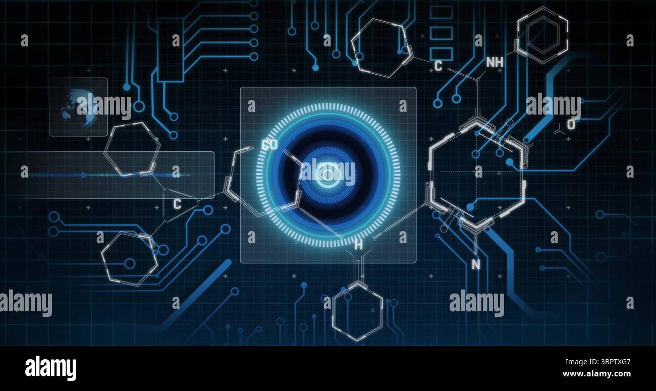 Displaying central holographic interface and molecular hexagons glowing ...