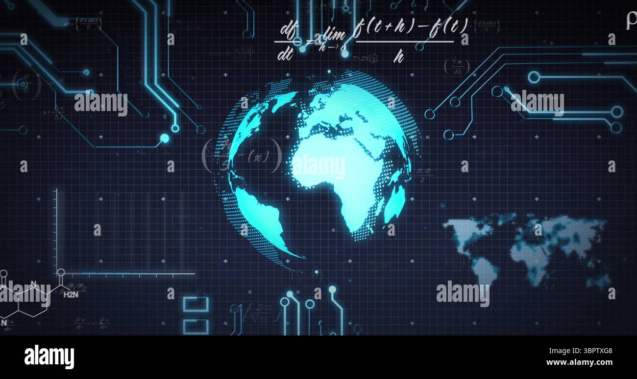 Rotating cyan globe glowing in digital grid, with circuit traces, map ...