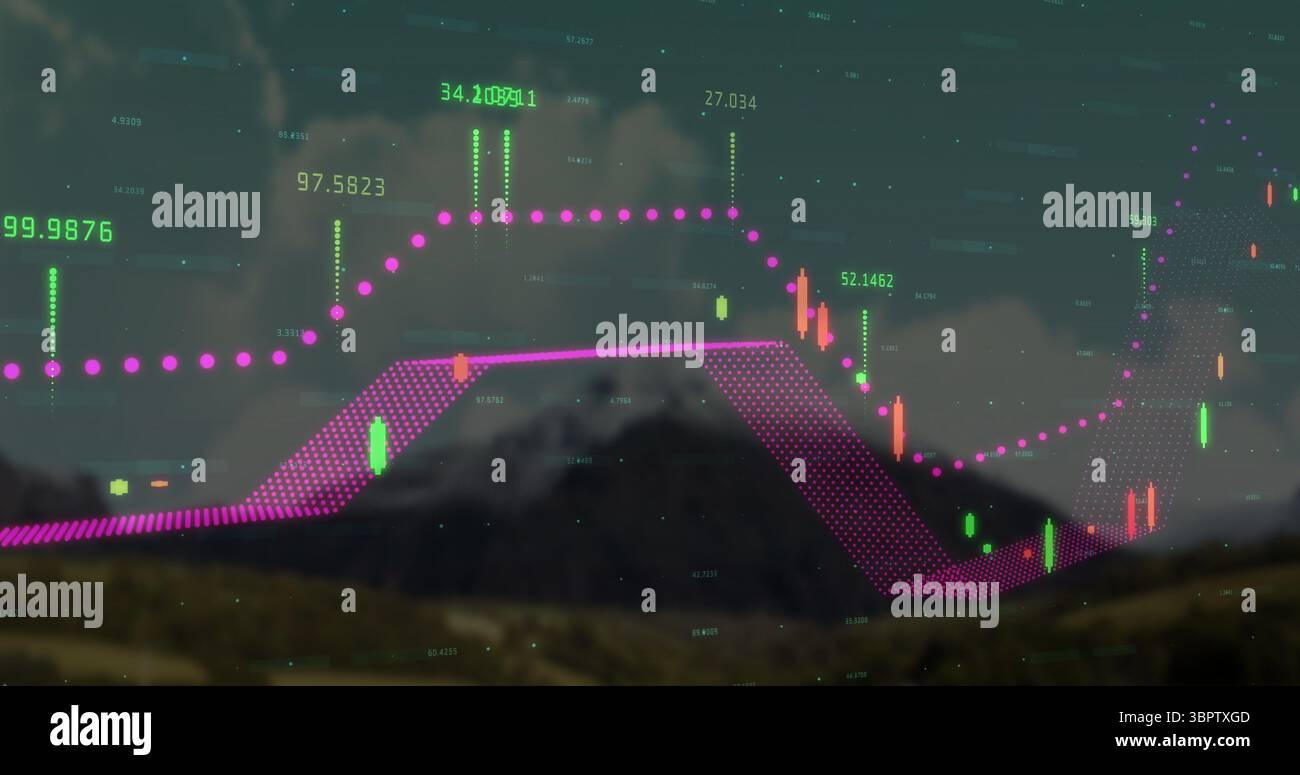 Stock chart overlaying misty mountain peak, with magenta line, green ...