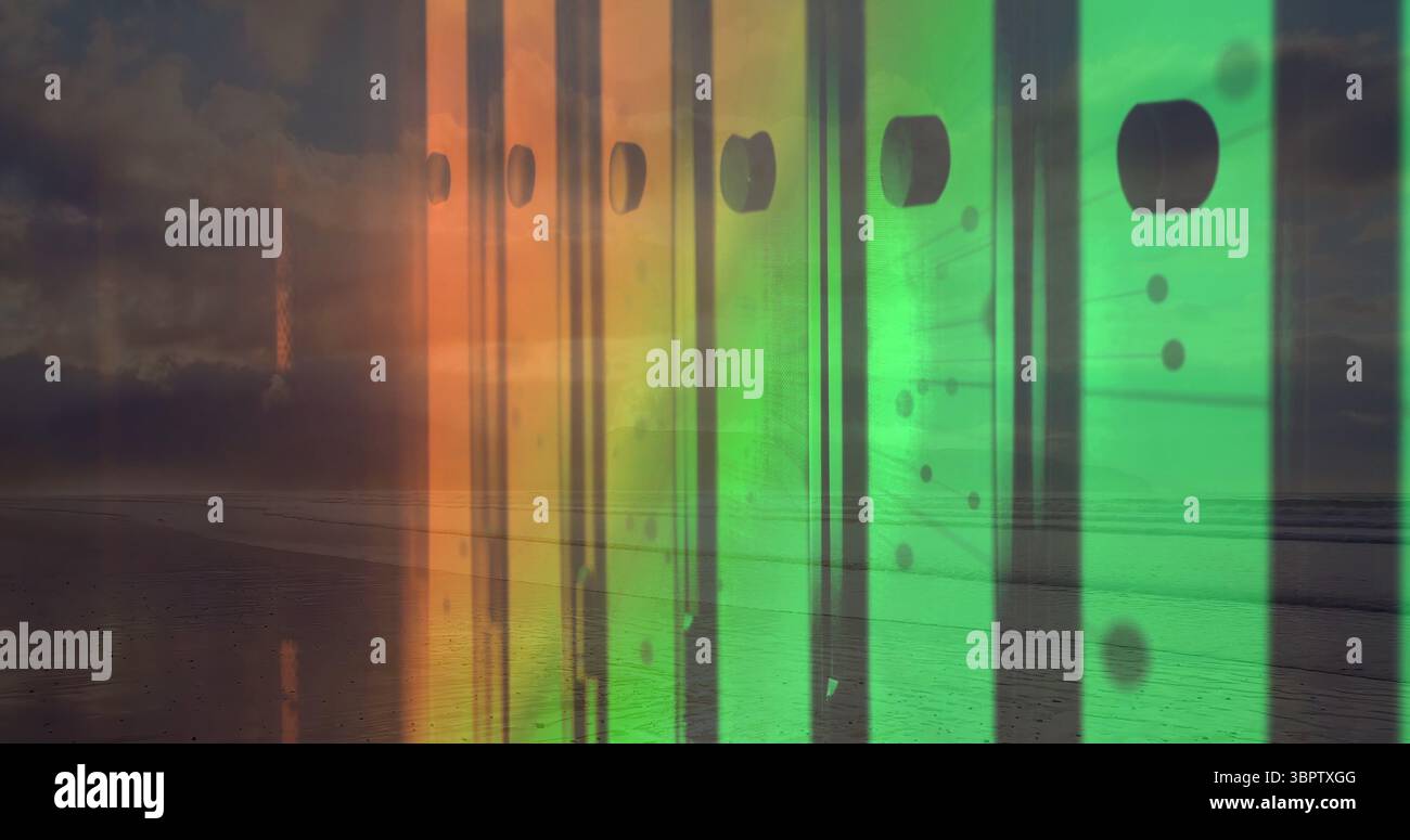 Displaying translucent color bands overlaying shoreline at dusk, with ...