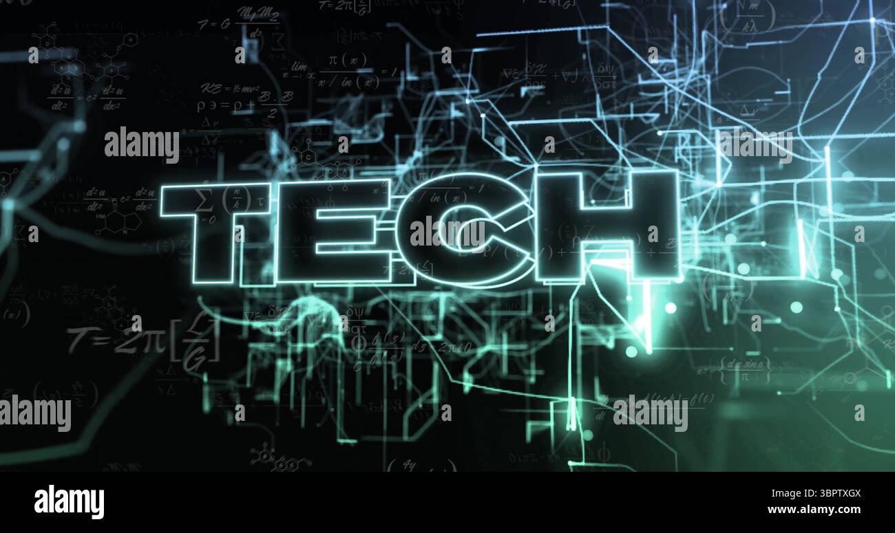 Glowing neon TECH text pulsing in dark digital space, with circuit nodes and floating formulas ...