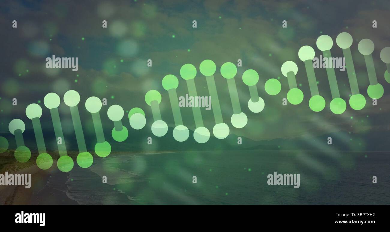 Floating digital DNA double helix hovering above coastal shoreline, blending science with nature ...
