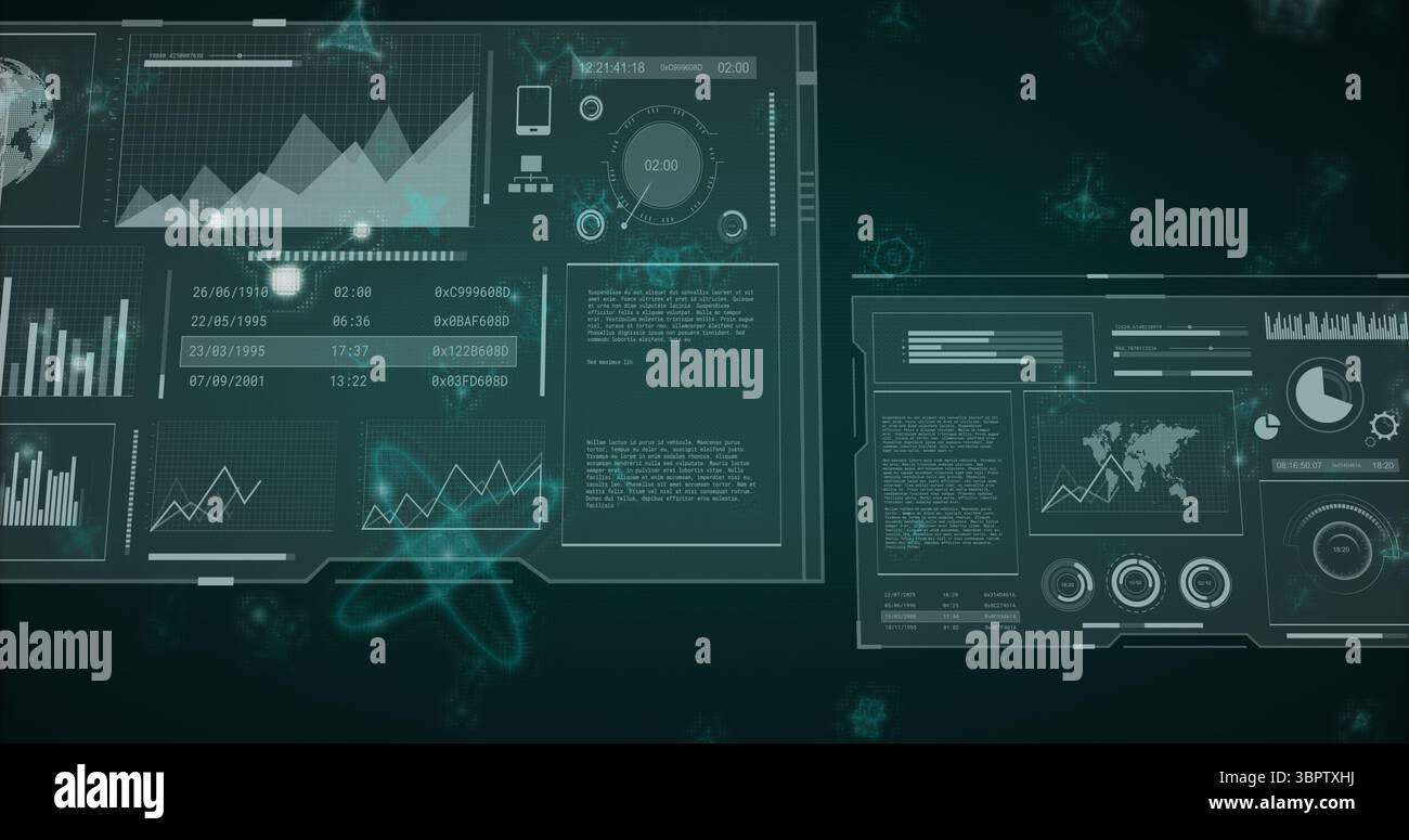 Displaying digital dashboard panels in virtual command center, with bar charts and globe ...