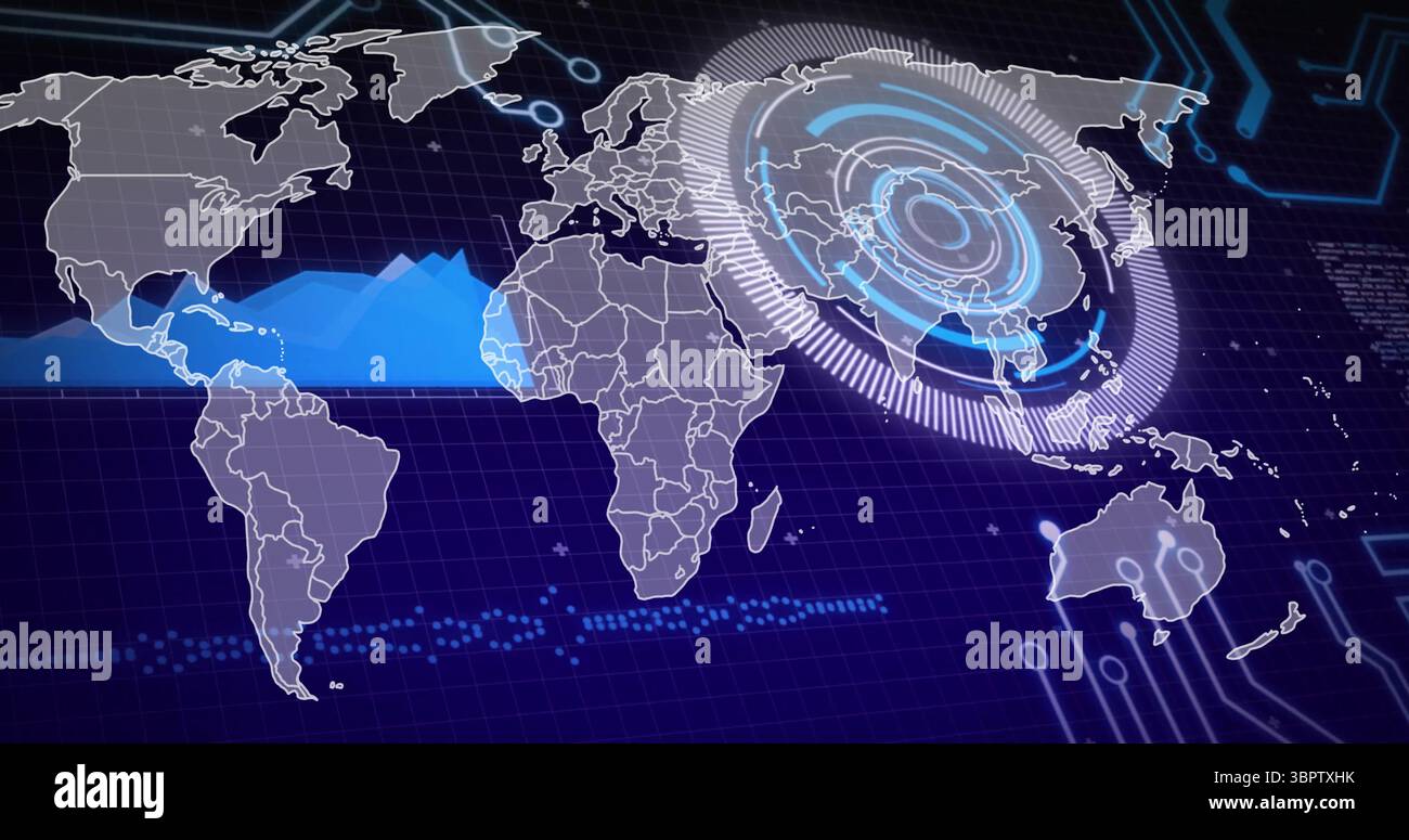 Floating holographic global map projecting over grid background, with HUD target, data markers ...