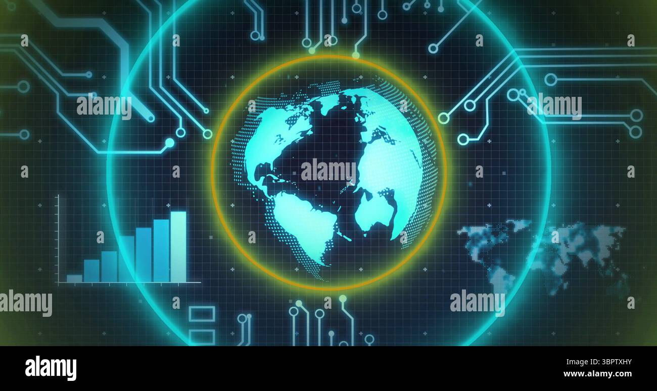 Displaying neon-blue Earth globe on virtual interface, with rings, grid and bar chart Stock ...