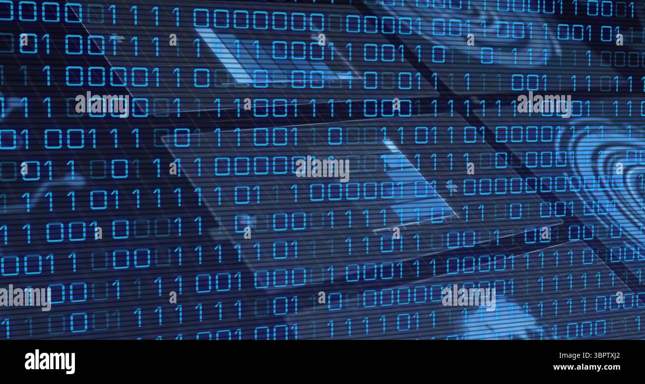 Displaying binary digits cascading across digital interface, with ...