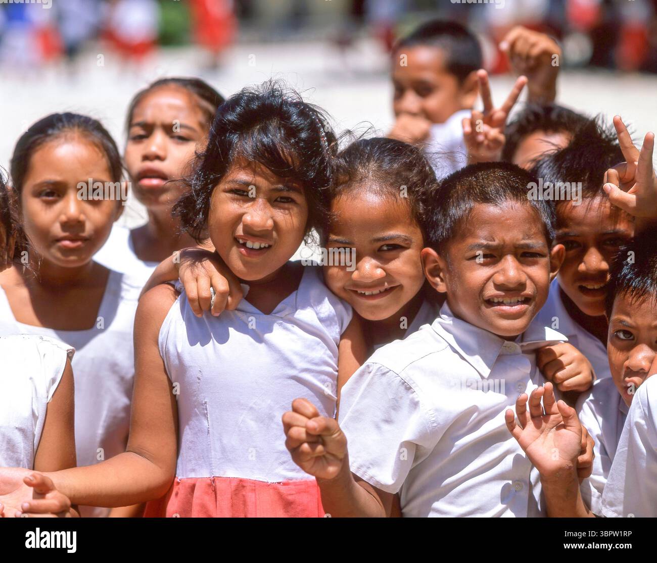 Group of Samoan school children outside classrooms, Upolu Island, Samoa ...