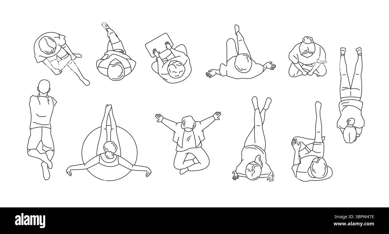 Simple line art illustration showing top views of people. Various poses ...