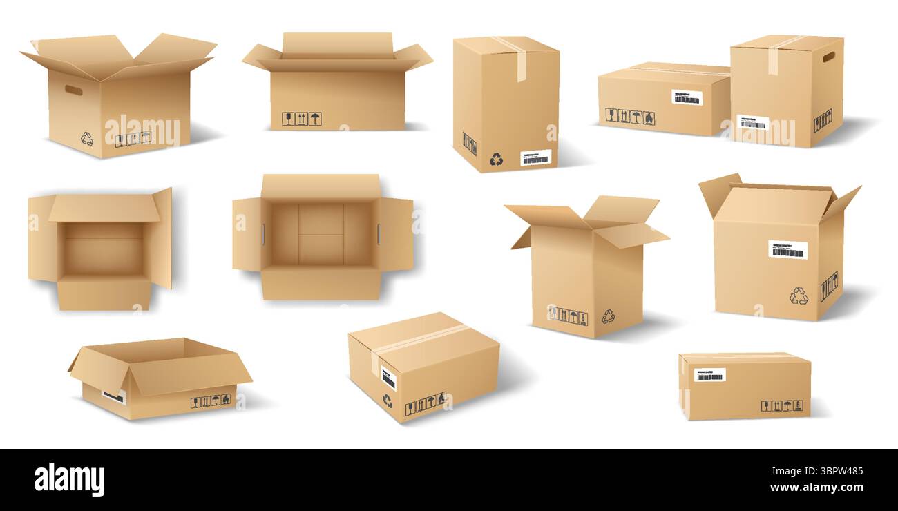 Realistic illustration of several cardboard boxes in various positions ...