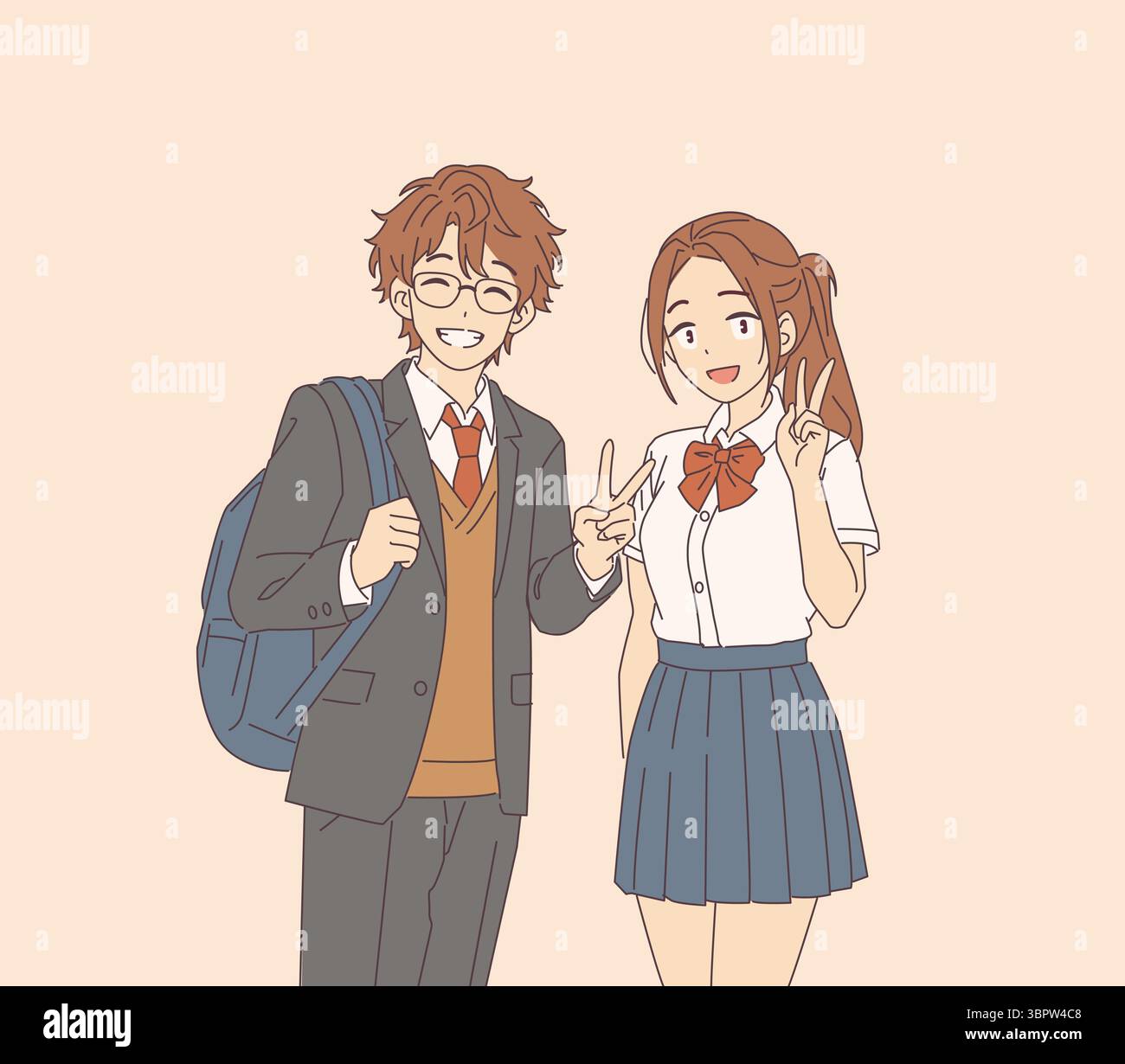 Anime style students are smiling and making peace signs with hands ...