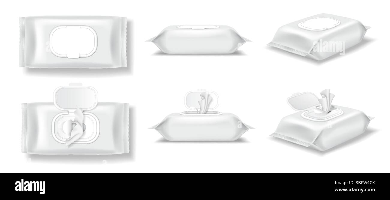 Realistic illustration of wet wipes packages in various angles, white ...