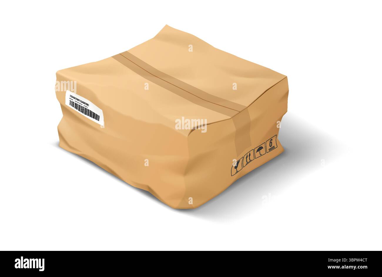 Realistic illustration of a crumpled shipping parcel. The package is ...