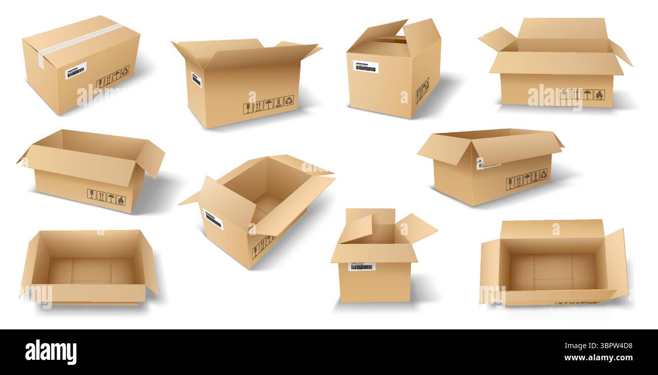 Set of cardboard boxes in different positions and angles. Boxes are ...