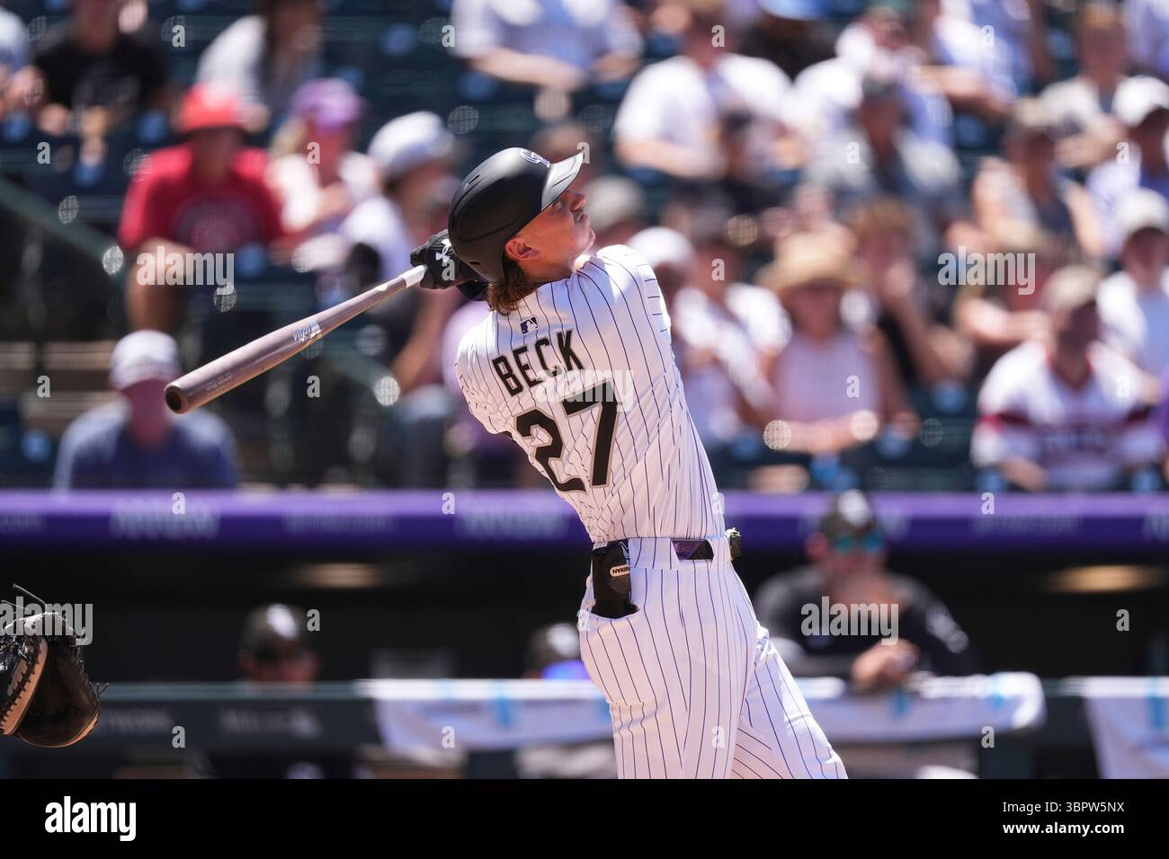 Colorado Rockies left fielder Jordan Beck (27) in the third inning of a ...