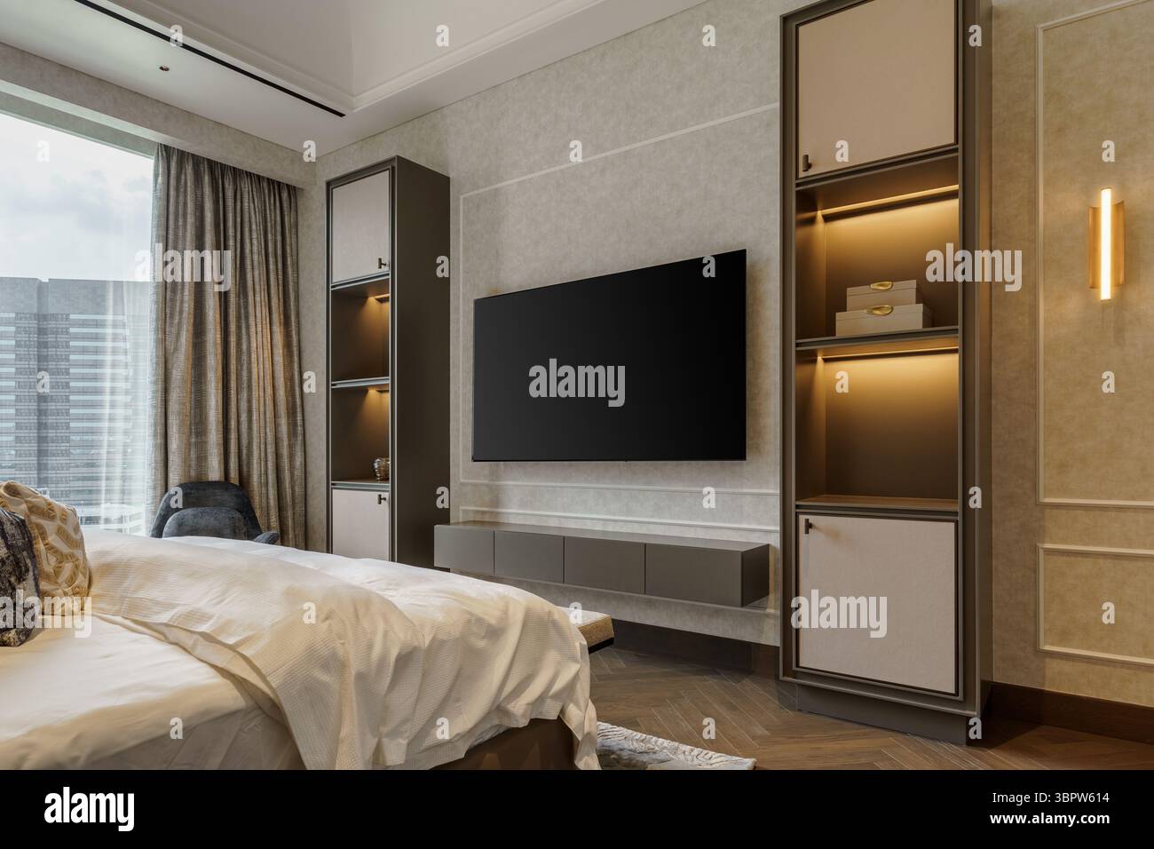 Comfortable bedroom features large bed hi-res stock photography and ...