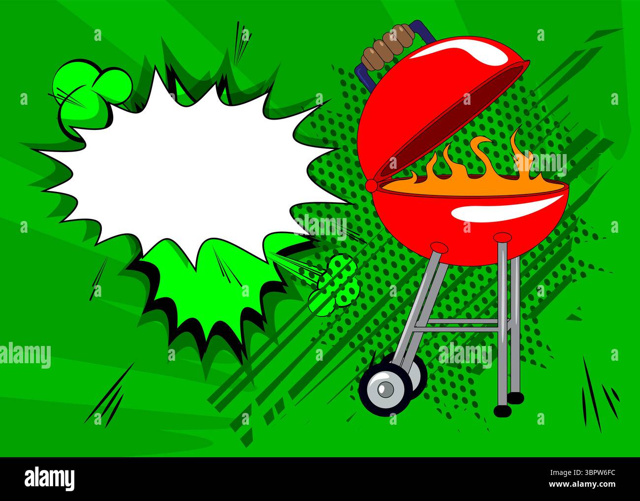 Cartoon Burning wood in barbeque grill with blank speech bubble, comic ...