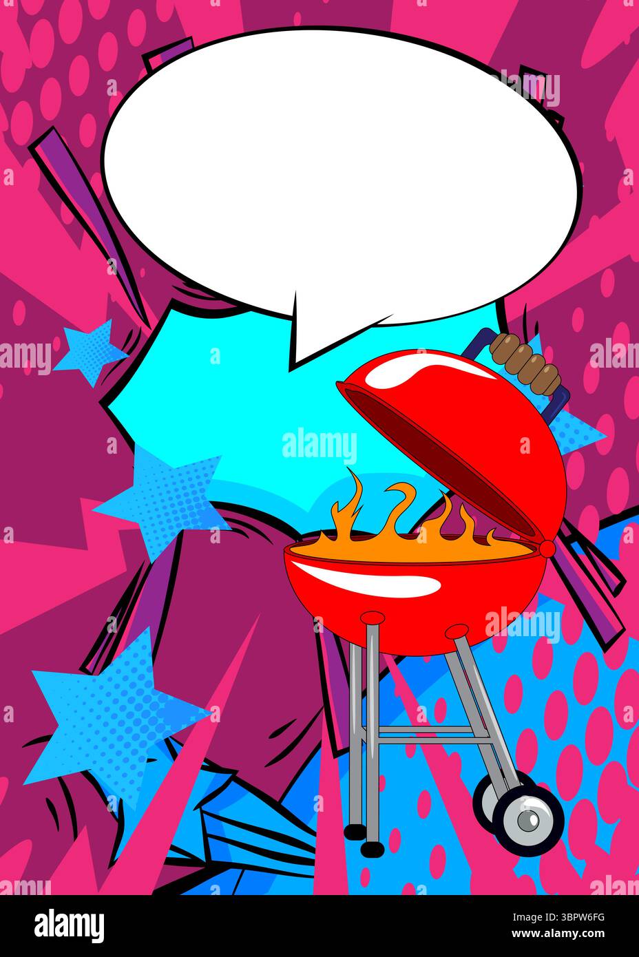 Cartoon Burning wood in barbeque grill with blank speech bubble, comic ...