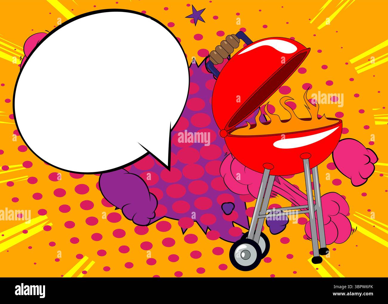 Cartoon Burning wood in barbeque grill with blank speech bubble, comic ...