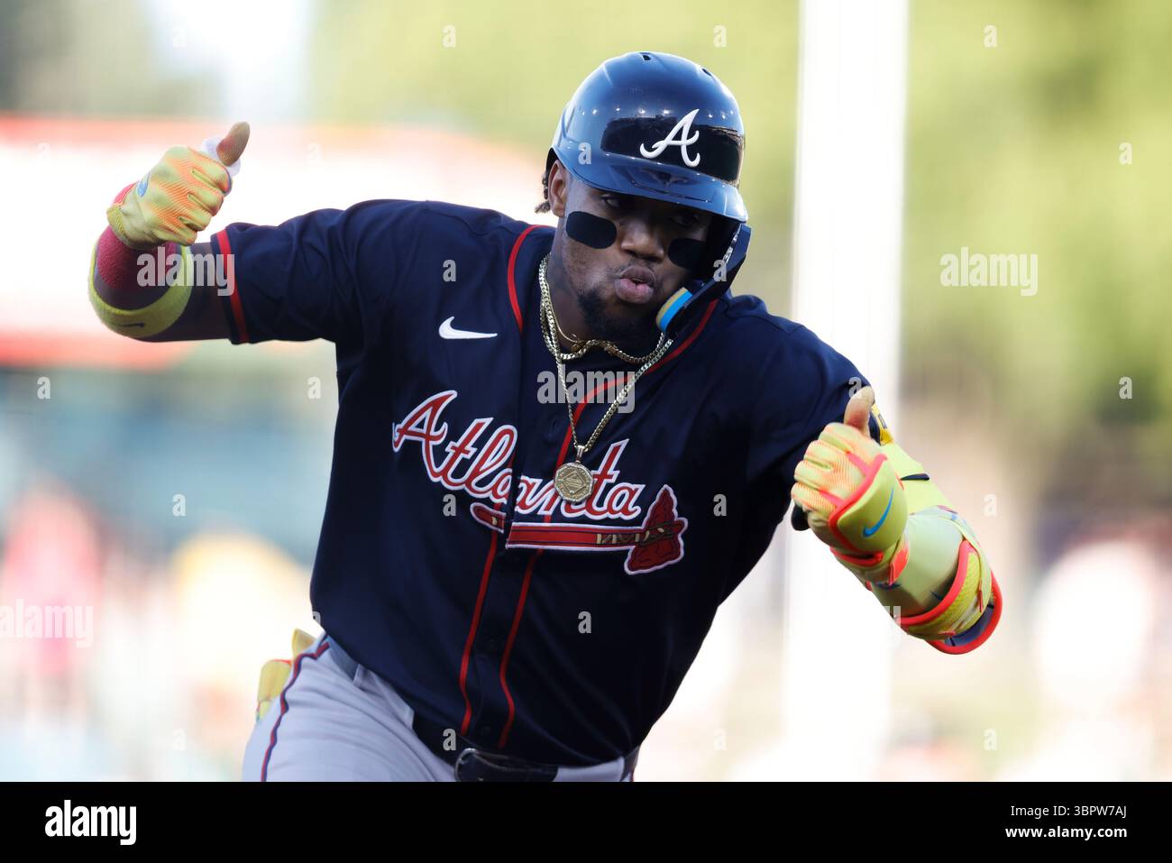 Atlanta Braves' Ronald Acuña Jr. rounds the bases after hitting a one ...