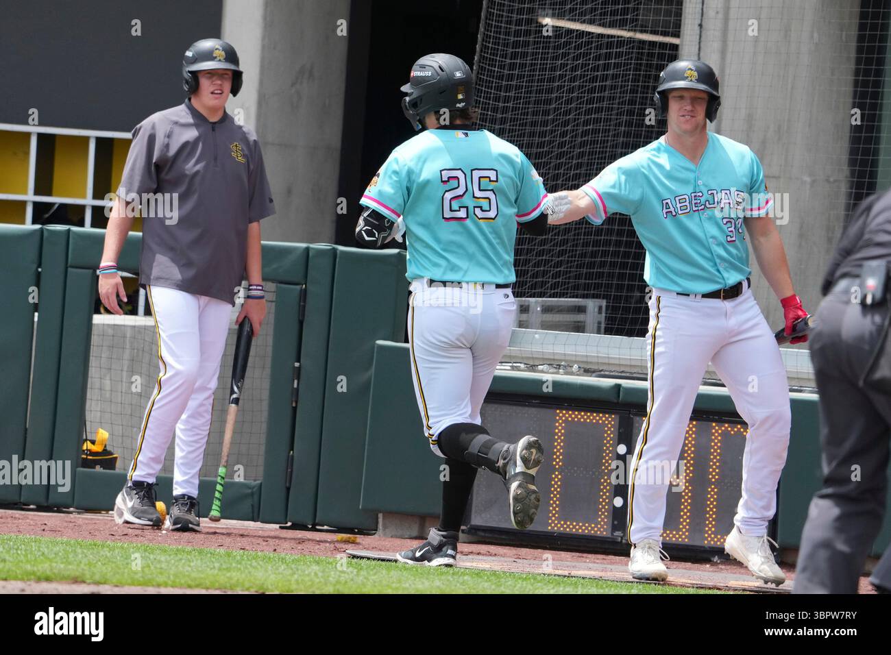 South Jordan UT, USA. 22nd June, 2025. Salat Lake first baseman JD Davis (25) hits a homer ...