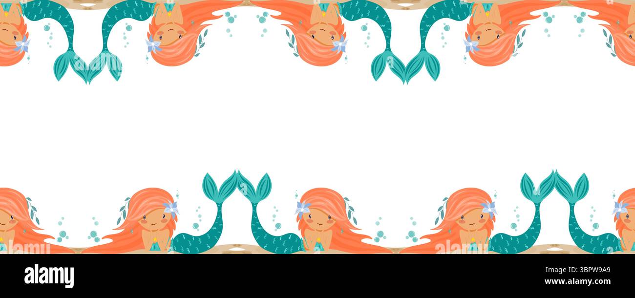 Seamless border with redhaired mermaids on top and bottom Stock Vector ...