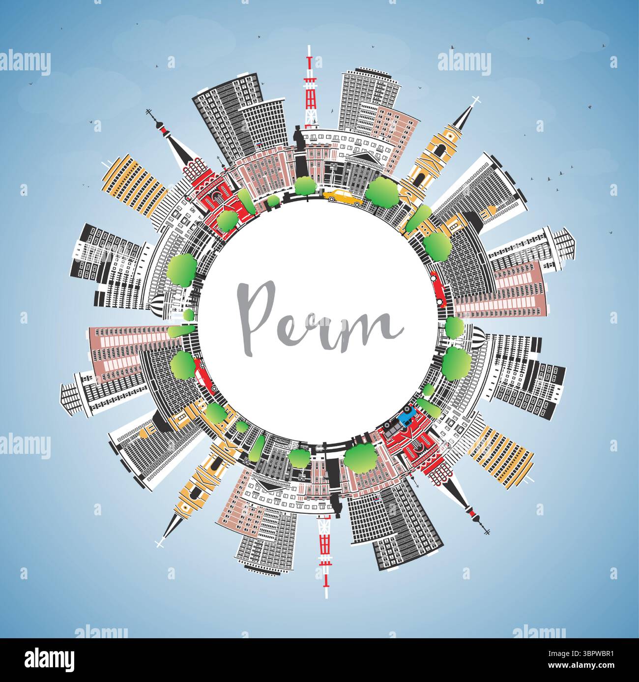 Perm Russia city skyline with color buildings, blue sky and copy space ...