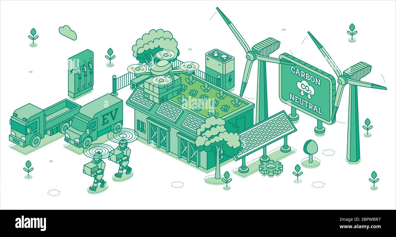 Isometric eco warehouse with green roof, solar panels, wind turbines ...