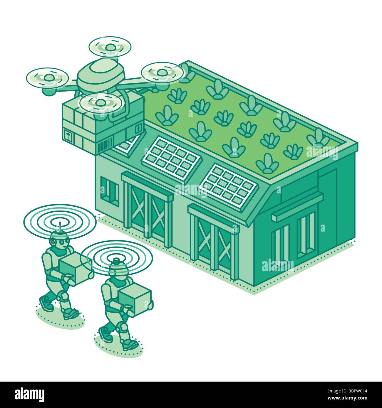 Isometric green warehouse with solar panels, a delivery drone, and robots carrying packages ...