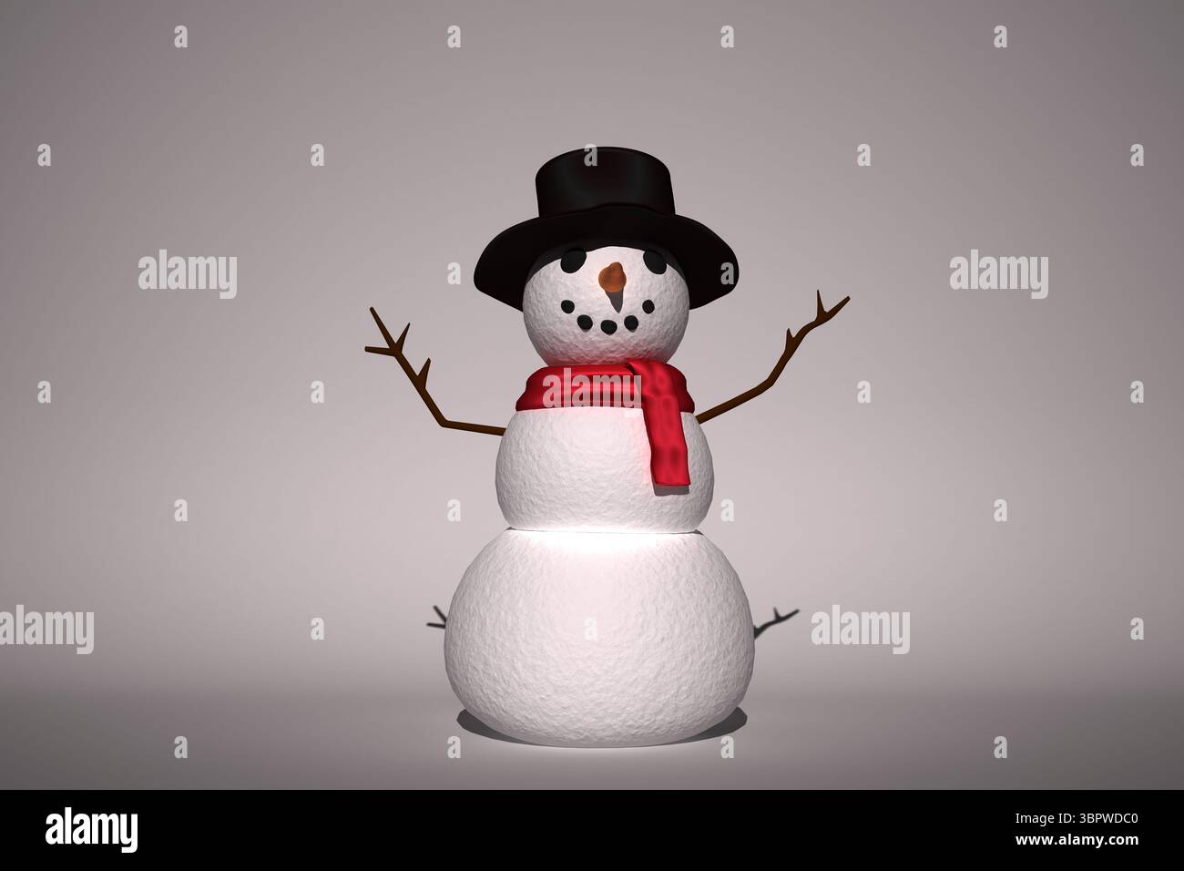Snowman is standing on surface in 3D render with top hat, red scarf and ...