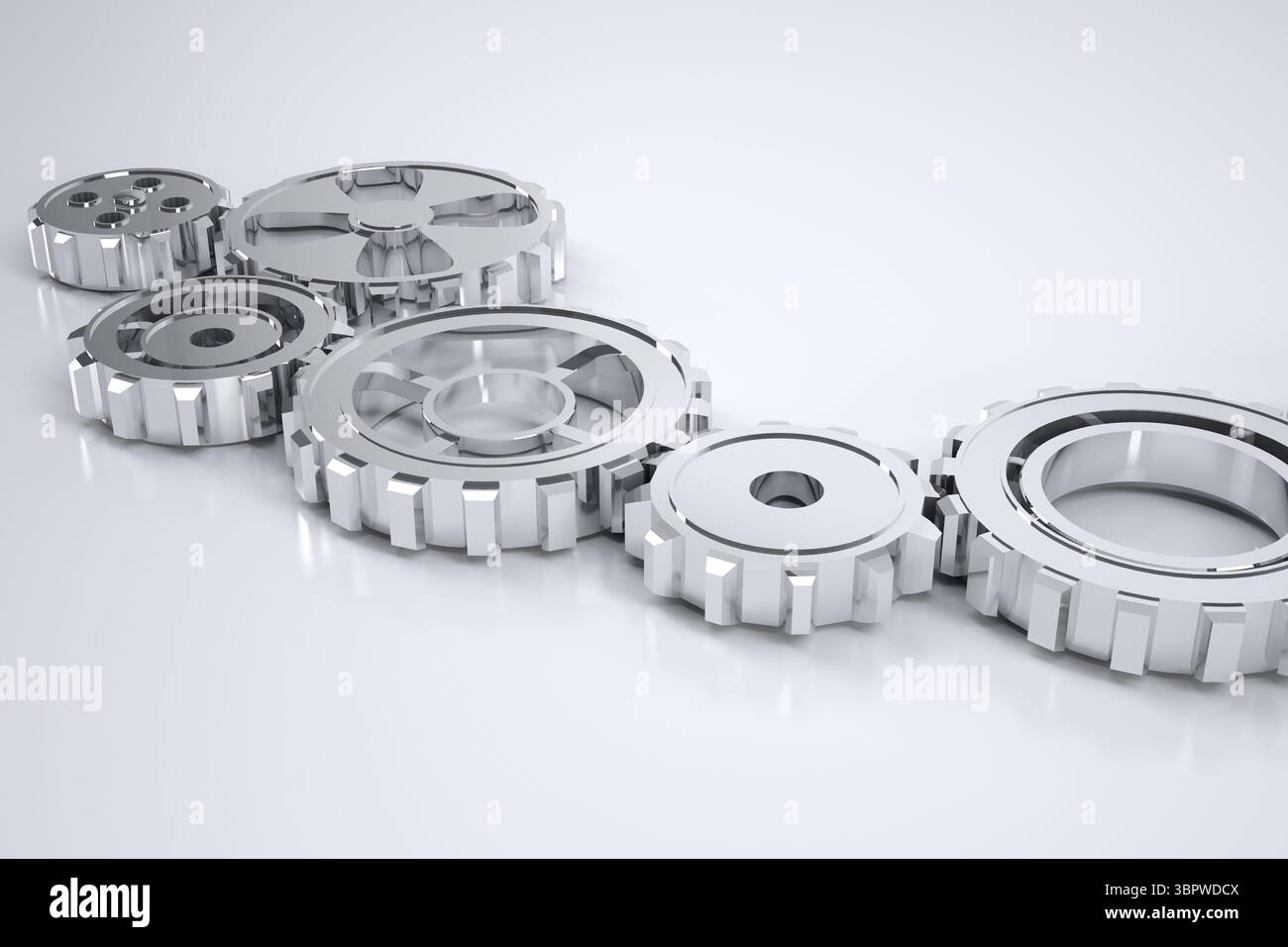 Six silver gears are aligning diagonally with varying diameters in 3D ...