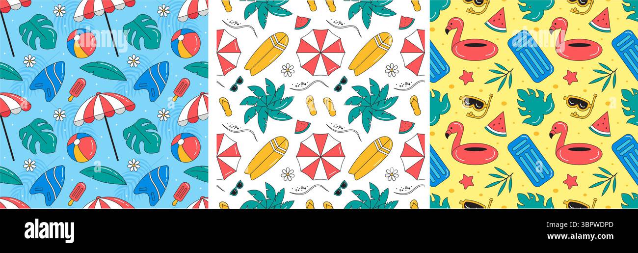 Tropical Summer Seamless Pattern with Beach Elements in a Flat Cartoon ...