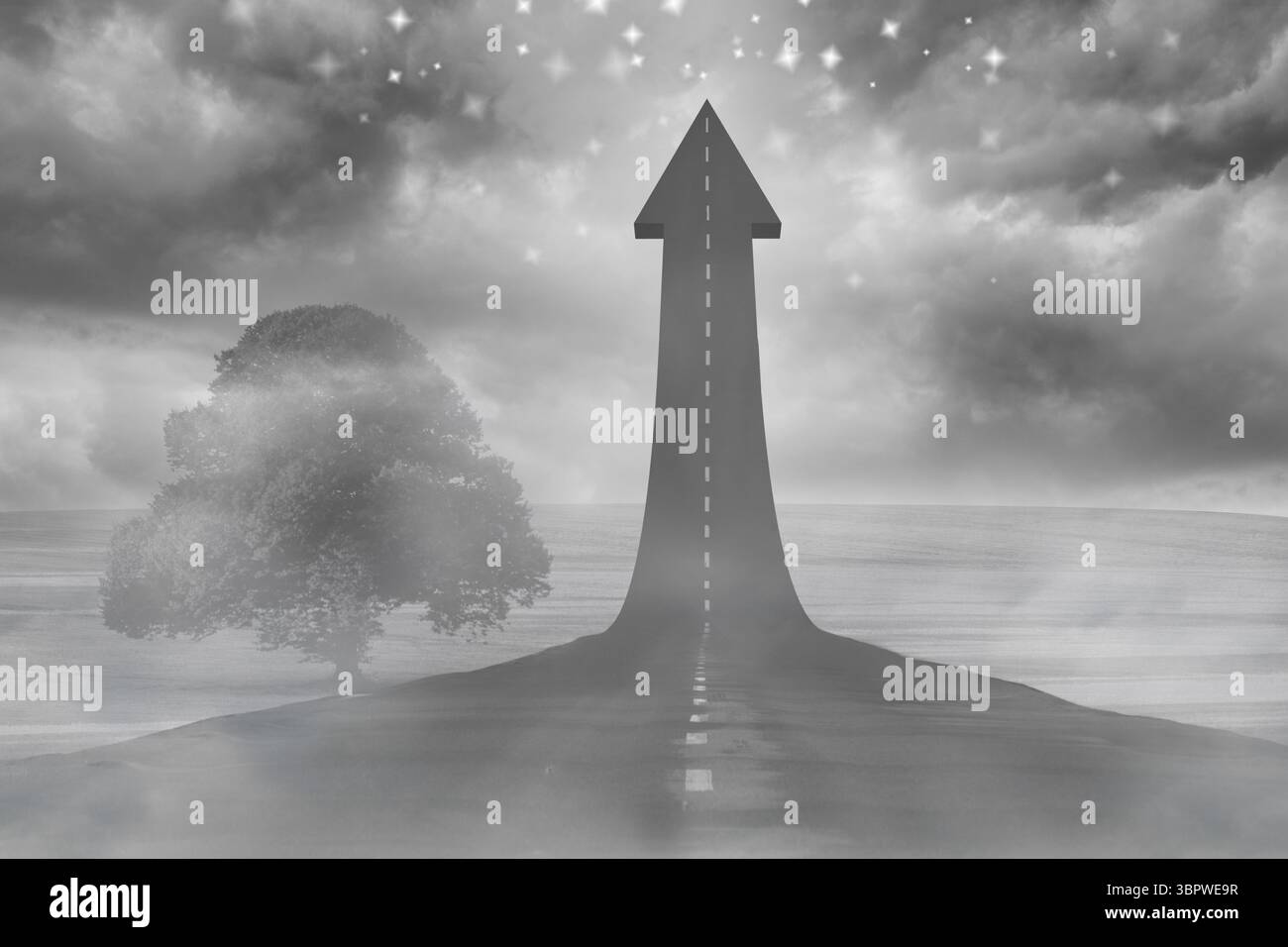 Asphalt road is morphing into upward arrow in surreal grayscale design ...