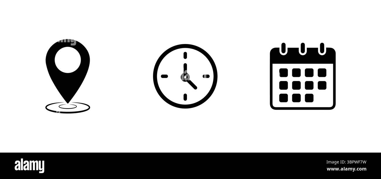 Calendar, Location pin, Clock icon. Address, time, date vector symbols Stock Vector Image & Art ...