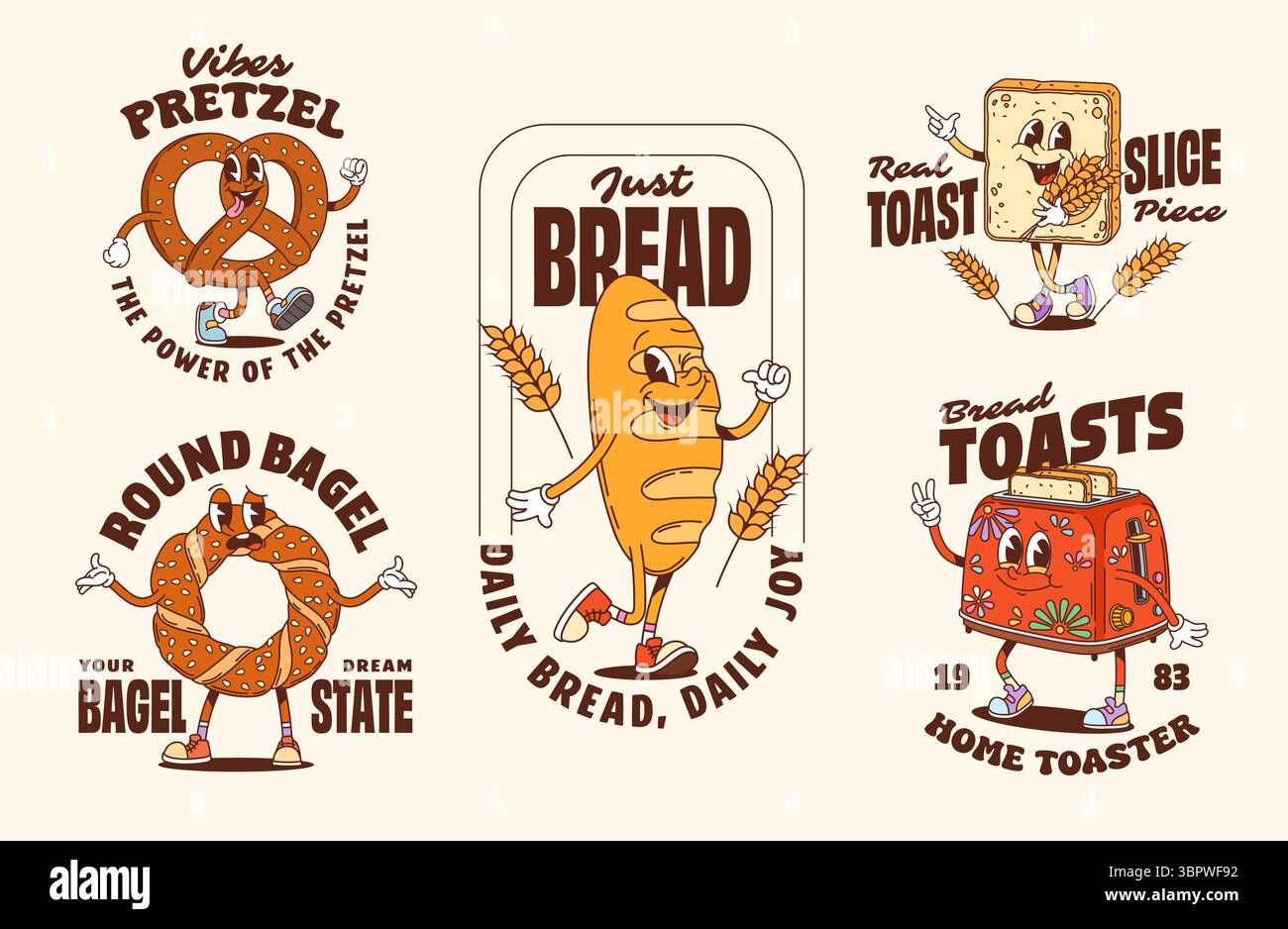 Groovy bakery characters t shirt print and posters of cartoon wheat ...