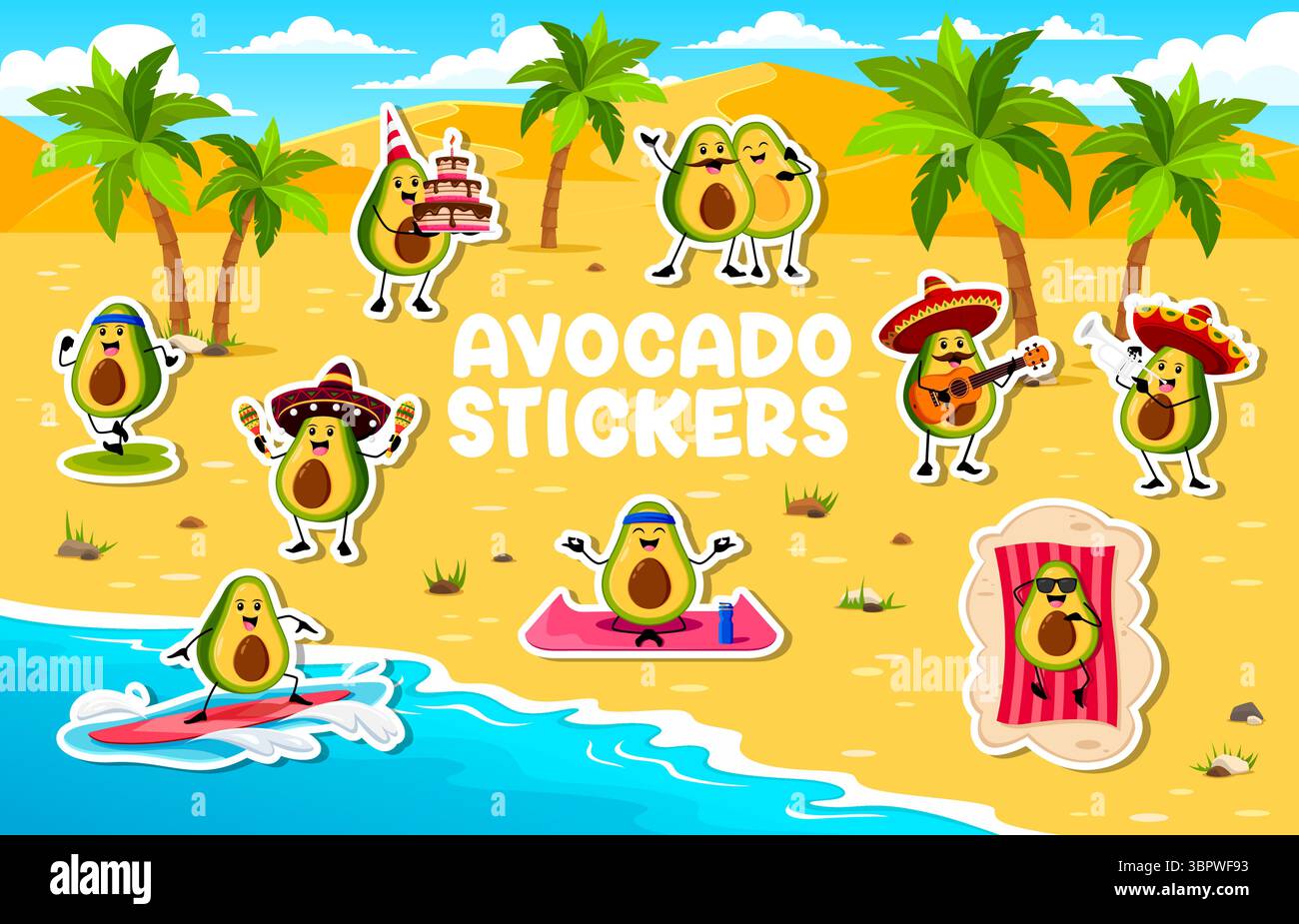 Cartoon avocado characters stickers pack. Avocados fruit mexican ...
