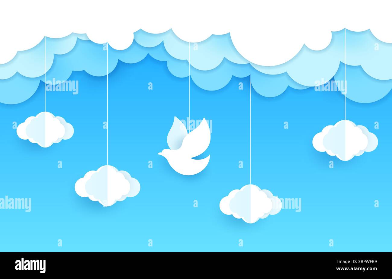 White pigeon and dove paper cut bird in clouds. Freedom, dream and ...