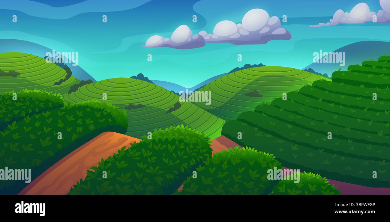Tea plantations landscape of green farm fields on mountain hills vector ...