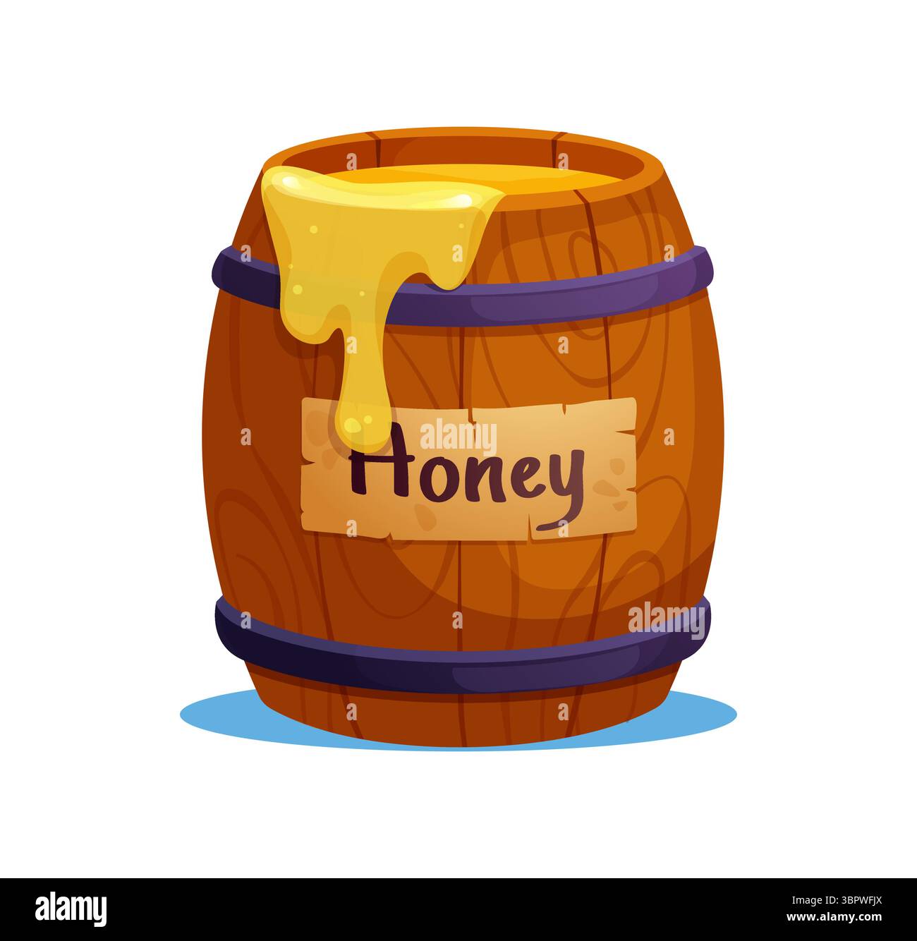Cartoon wooden honey barrel filled to the top with golden, fresh liquid ...